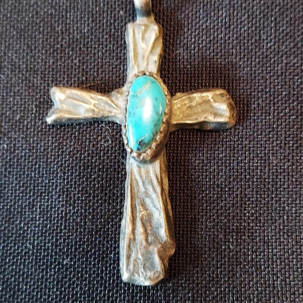 Custom Made Turquoise And Silver Cross Pendant - Gem